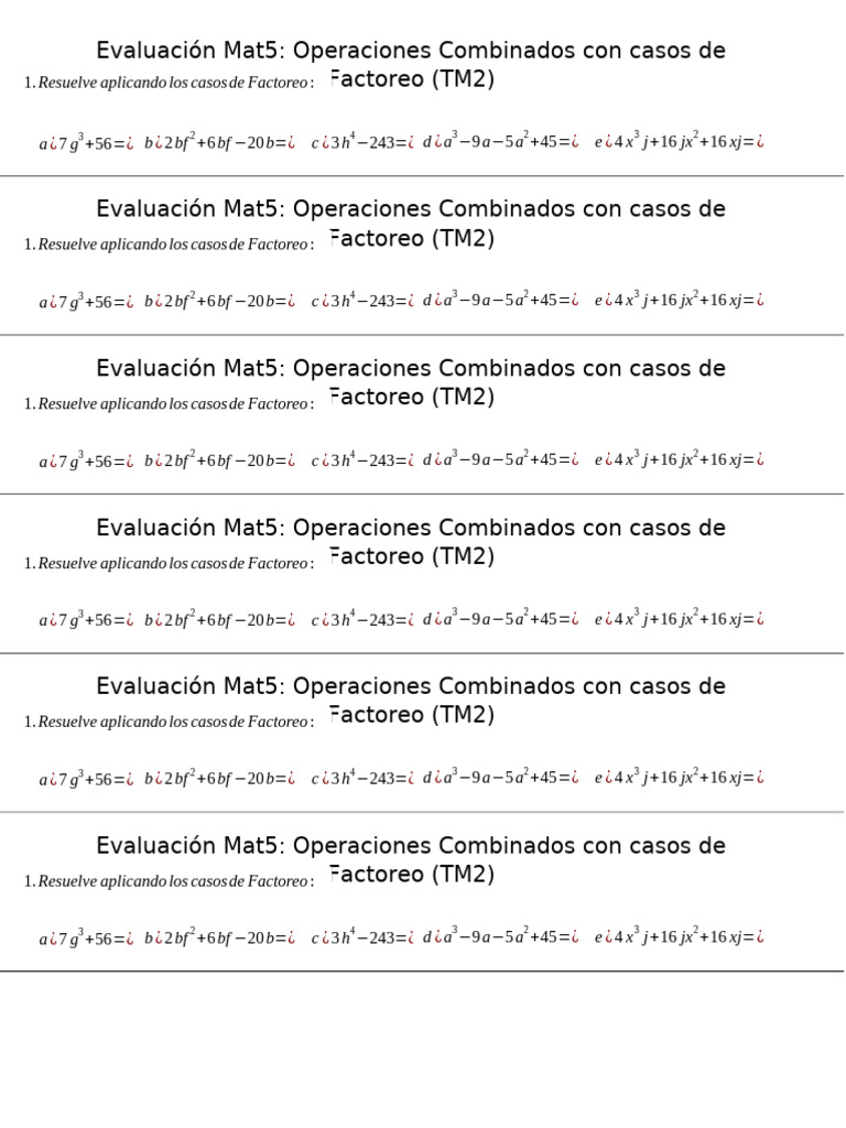 Evaluación Mat5 Operaciones Combinados Con Casos de Factoreo (TM2 ...