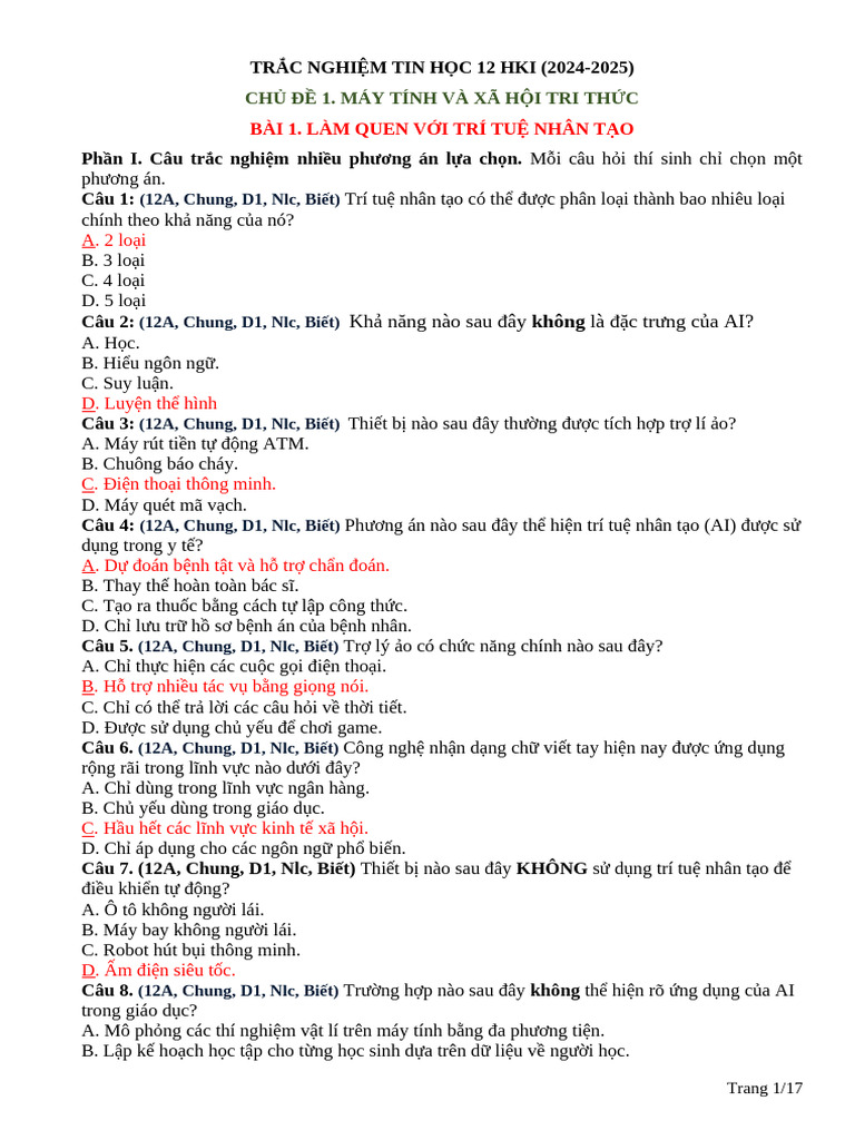 Trac Nghiem Tin Hoc 12 | PDF