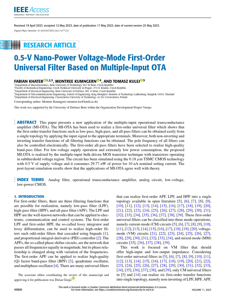 0.5-V Nano-Power Voltage-Mode First-Order Universal Filter Based on Multiple-Input OTA | PDF ...