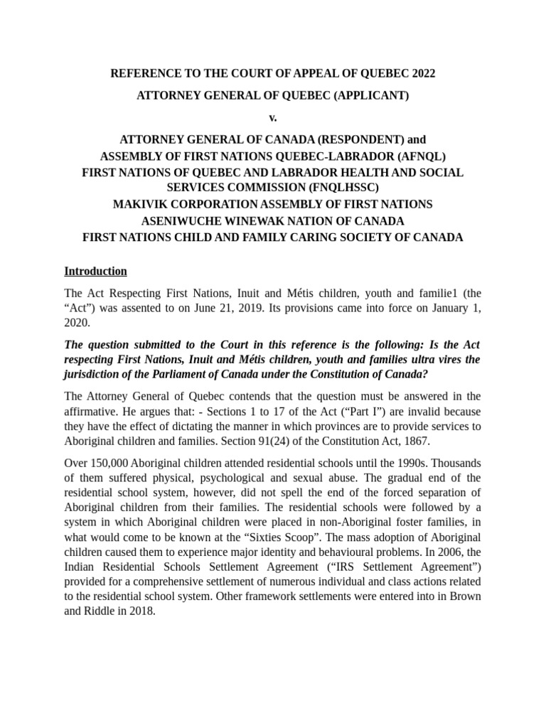 Quebec Court Reference on Indigenous Child Act | PDF | Canada | Government
