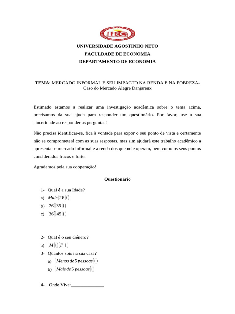 Questionário de Pesquisa | PDF | Economias