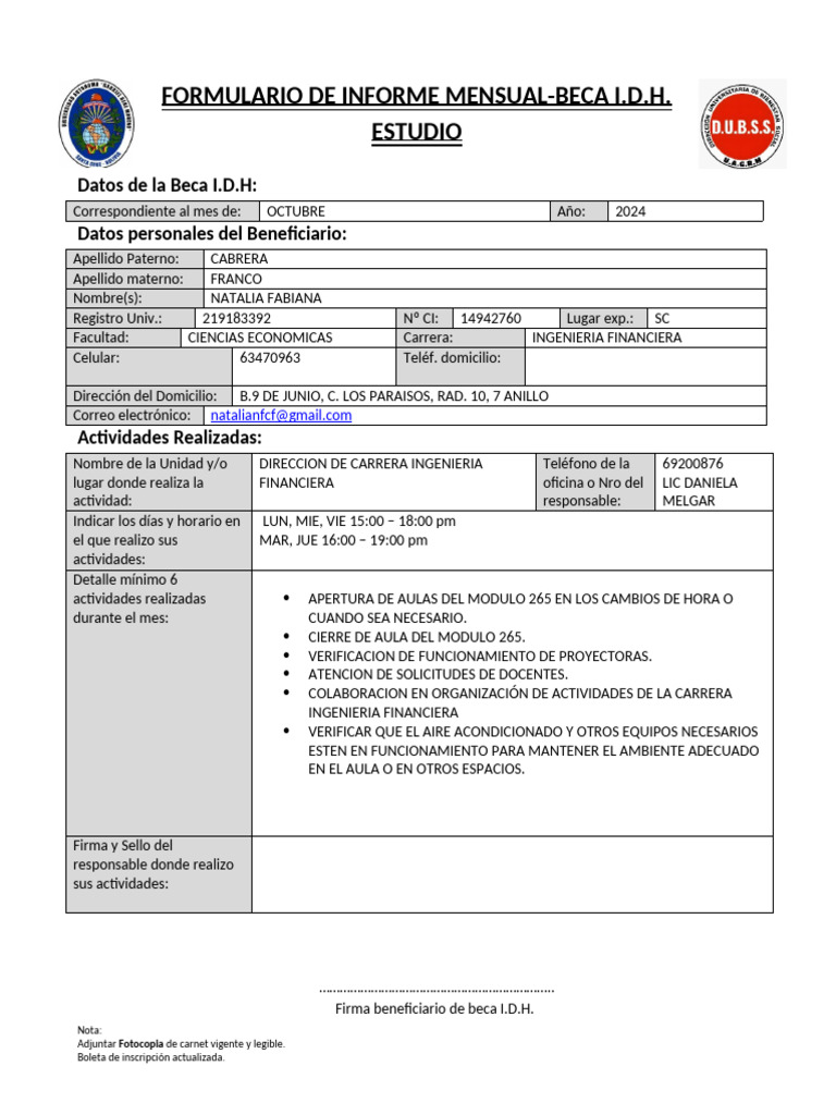 Natalia Cabrera Estudio-Form. de Informes Mensuales de Becas Idh 2024 | PDF