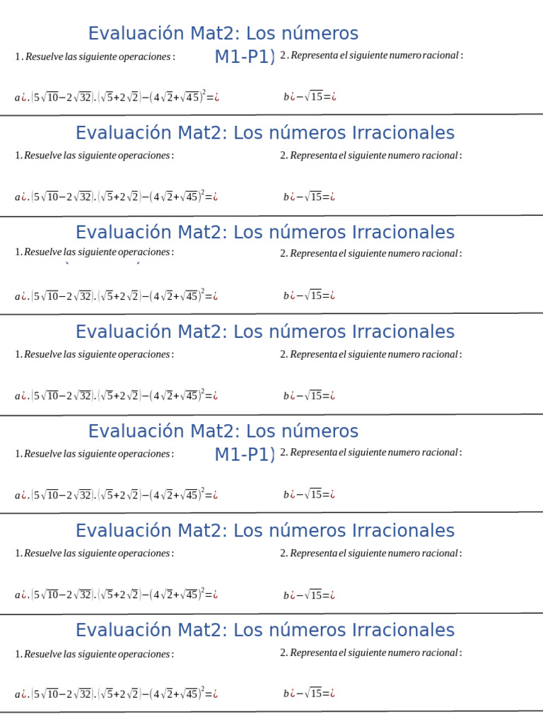 Evaluación Mat2 Los Números Irracionales TM1 - P1 | PDF