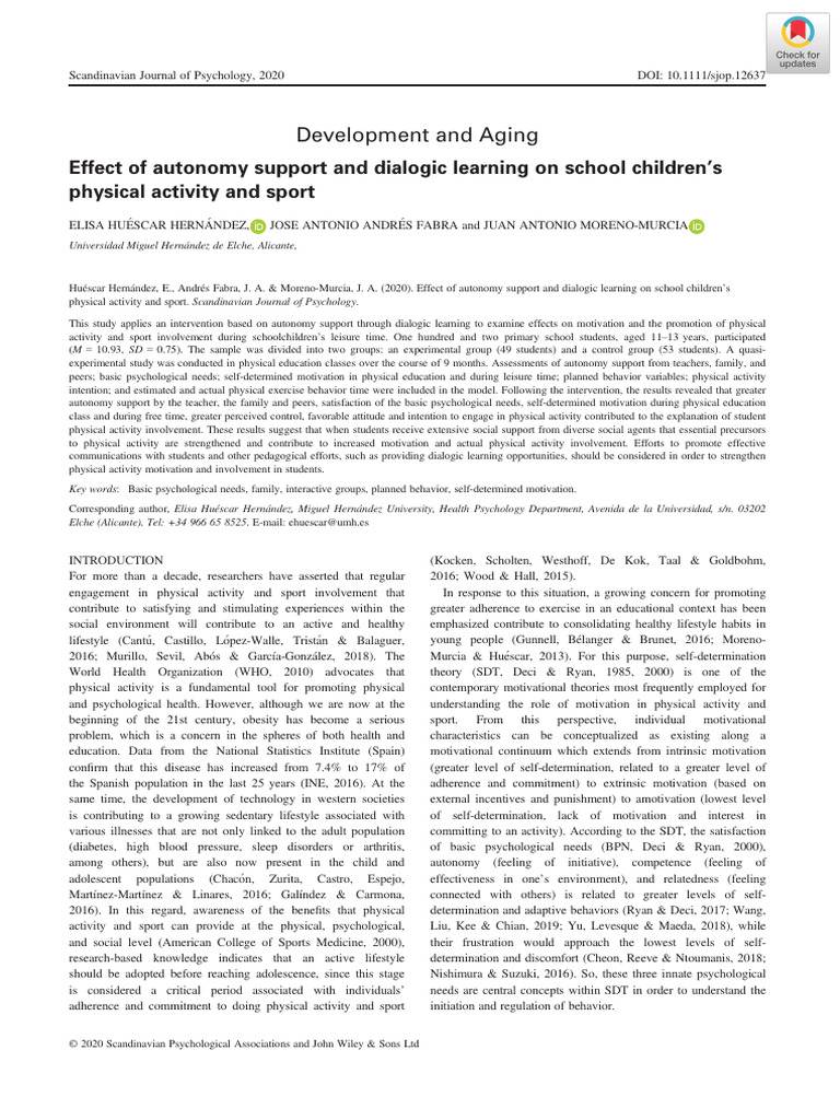 Effect of Autonomy Support and Dialogic Learning On School Children's | PDF | Motivation ...