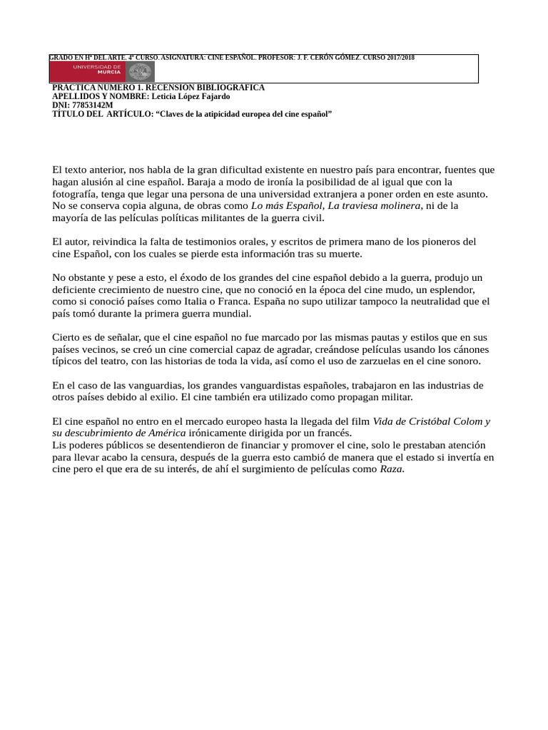 PRÁCTICA NÚMERO 1 CINE ESPAÑOL | PDF | España