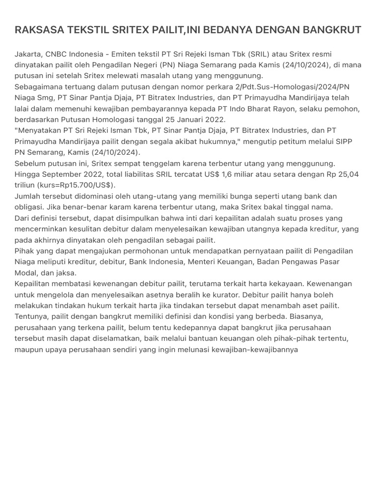 Raksasa Tekstil Sritex Pailit, Ini Bedanya Dengan Bangkrut | PDF | Bisnis