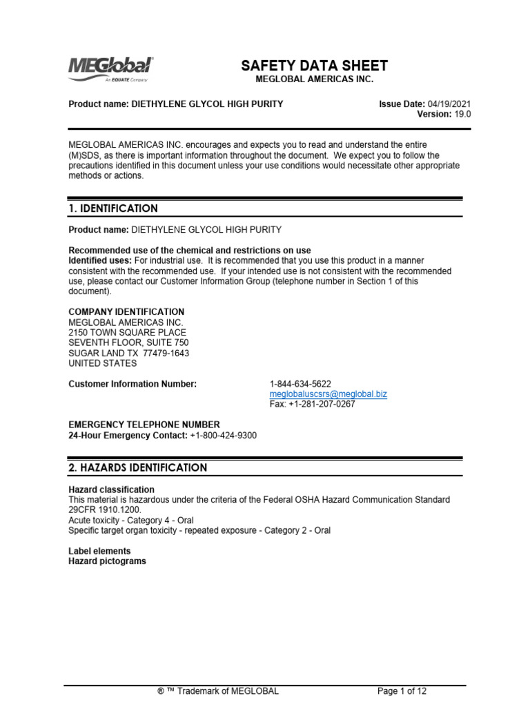 MEGLOBAL - DEG High Purity - SDS 20210 | PDF | Toxicity | Toxicology