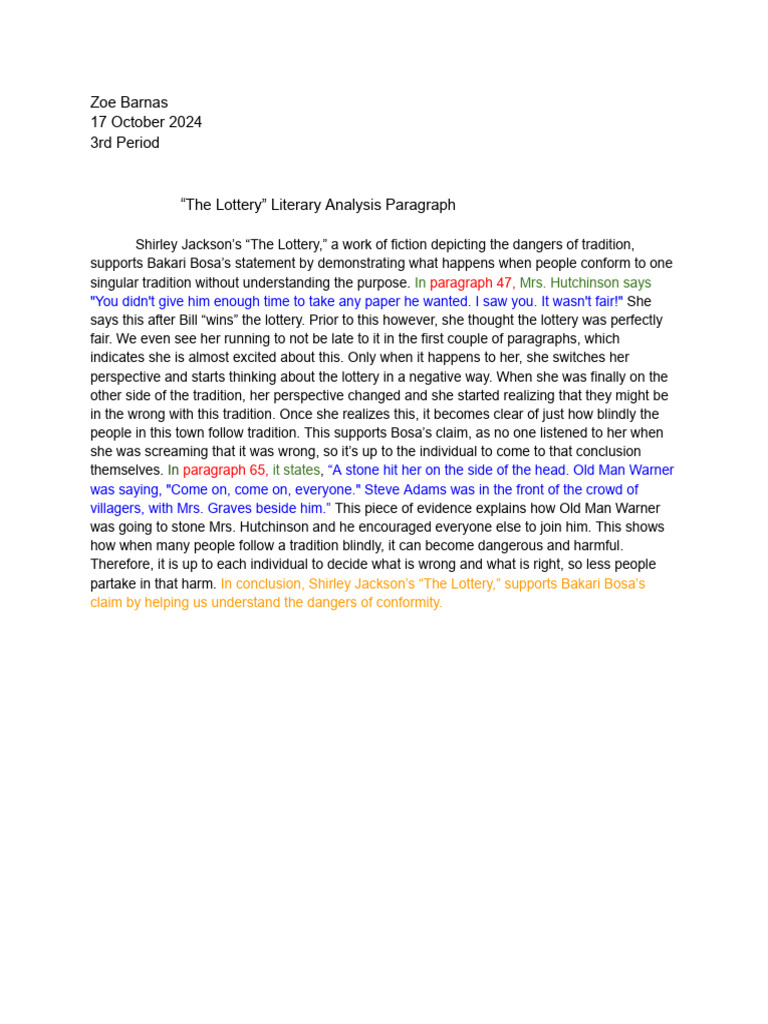 Zoe Barnas - The Lottery_Literary Analysis-Final Draft | PDF