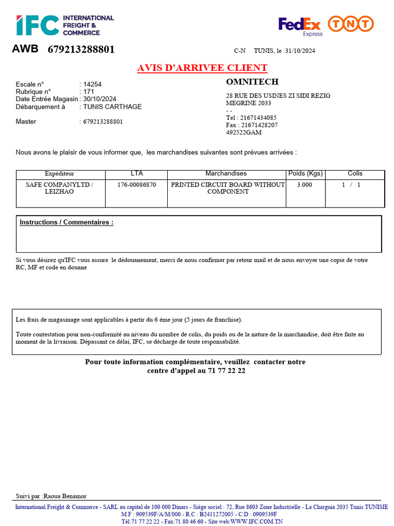 Avis D'Arrivee Client: Omnitech | PDF