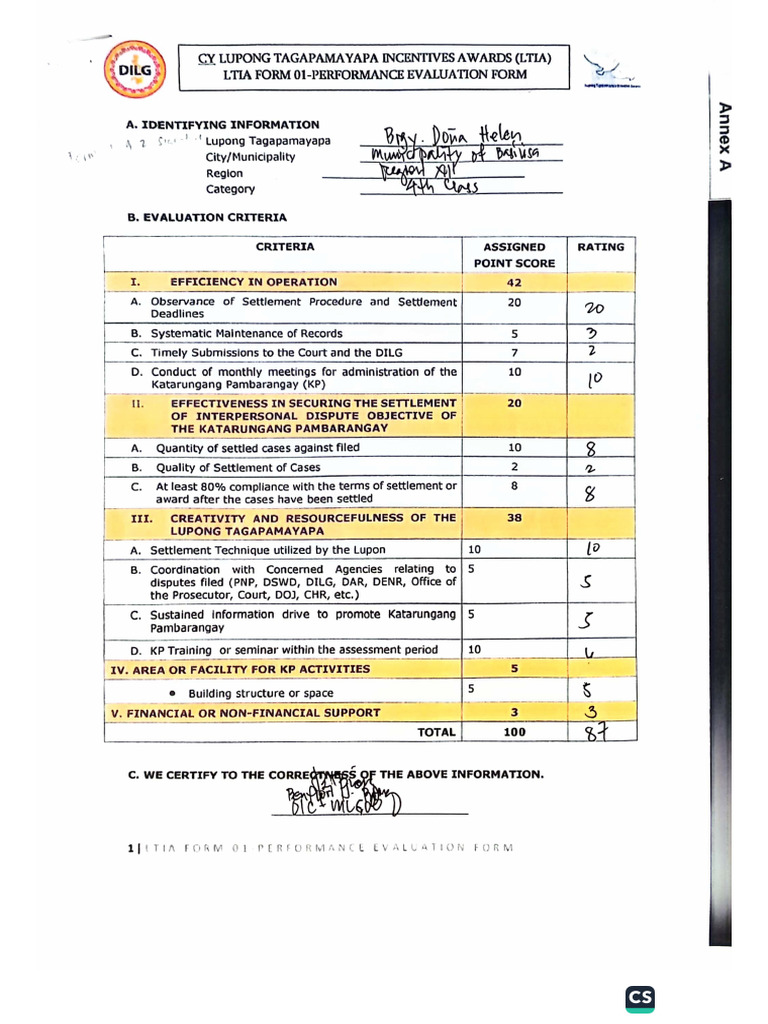 LTIA-EVALUATION-FORM-BRGY-DOÑA-HELENE | PDF