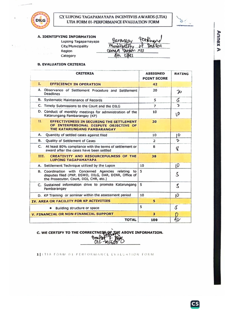 LTIA-EVALUATION-FORM-BRGY-FERDINAND | PDF