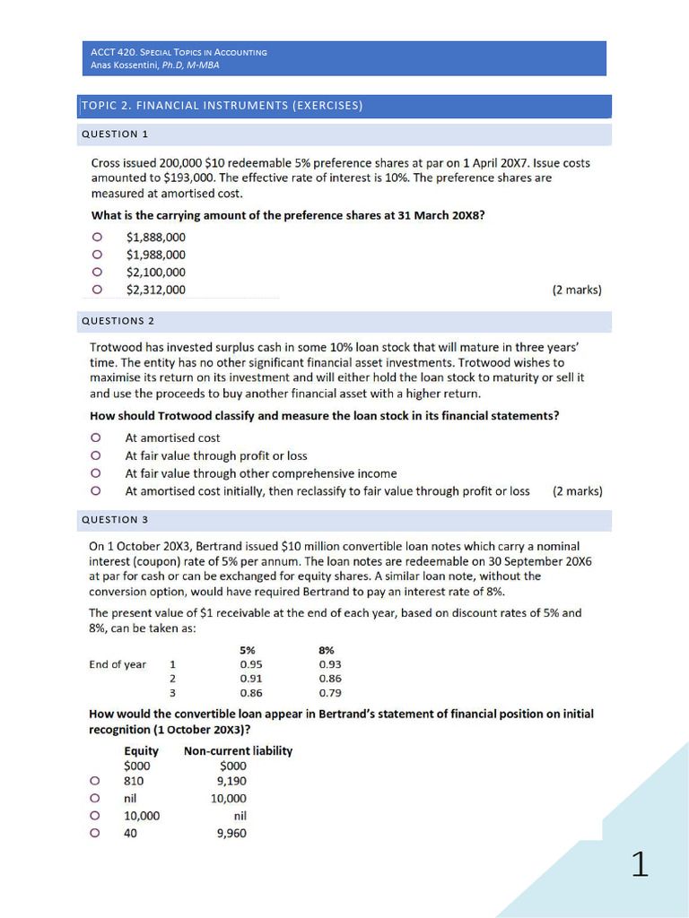 Topic 2. Financial Instruments Exercises | PDF