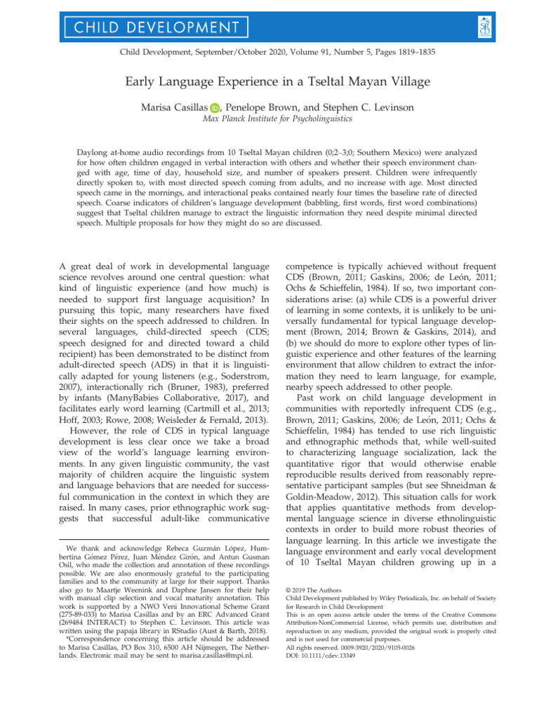 Child Development - 2020 - Casillas - Early Language Experience in A Tseltal Mayan Village | PDF ...