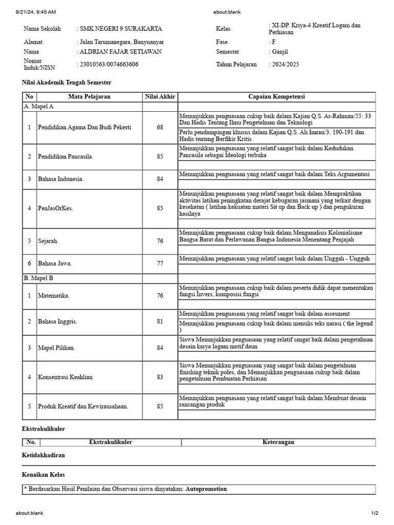 Contoh Raport Ats | PDF