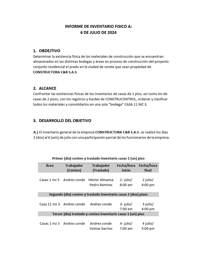 INFORME DE INVENTARIO PROYECTO EL PRADO CERETE | PDF | Ingeniería de Edificación | Materiales