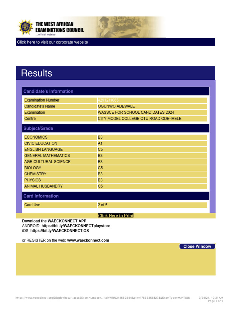 Waecdirect Online - Results | PDF