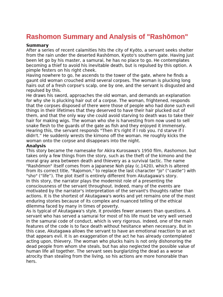 Rashomon Summary and Analysis | PDF | Young Adult | General Fiction
