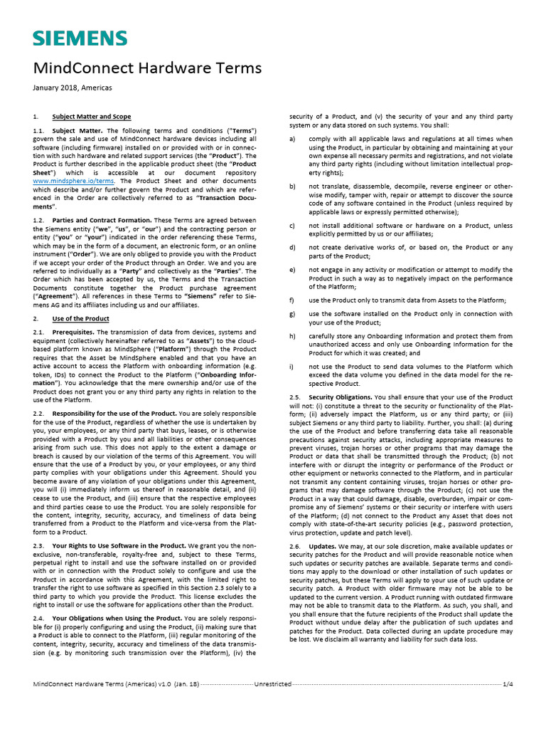 MindConnect HardwareTerms Americas v1801 | PDF | Indemnity | Legal ...