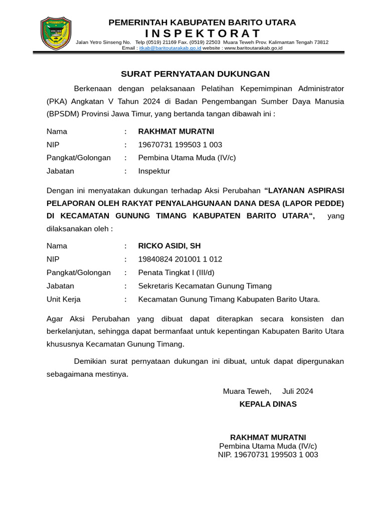 SURAT PERNYATAAN DUKUNGAN Inspektorat | PDF