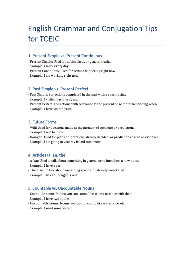 English_Grammar_and_Conjugation_Tips_TOEIC_Updated | PDF | Verb | Semantic Units