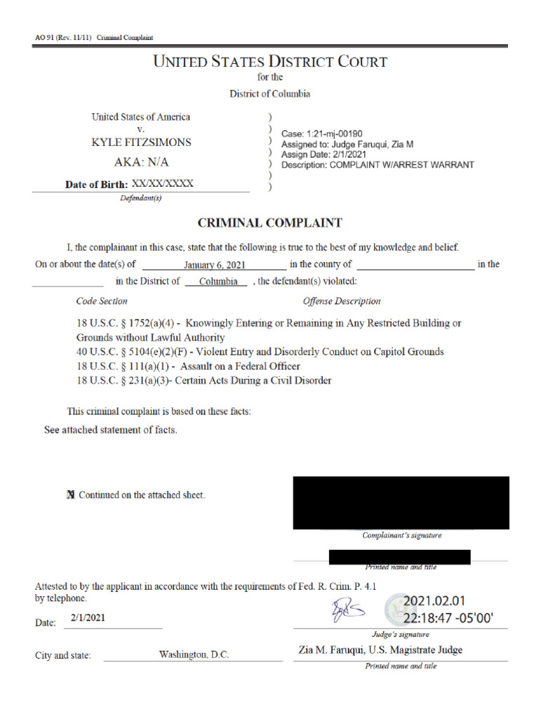 Fitzsimons Kyle - Complaint Statement of Facts 0 | PDF | United States ...