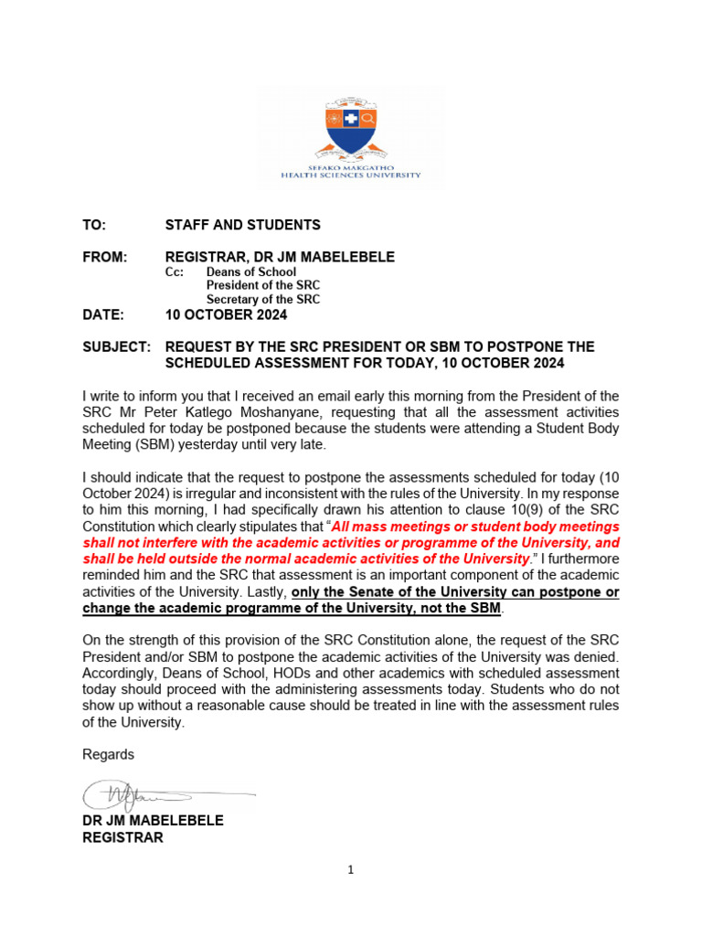 Request by The SRC President or SBM To Postpone The Scheduled Assessment For Today, 10 October ...