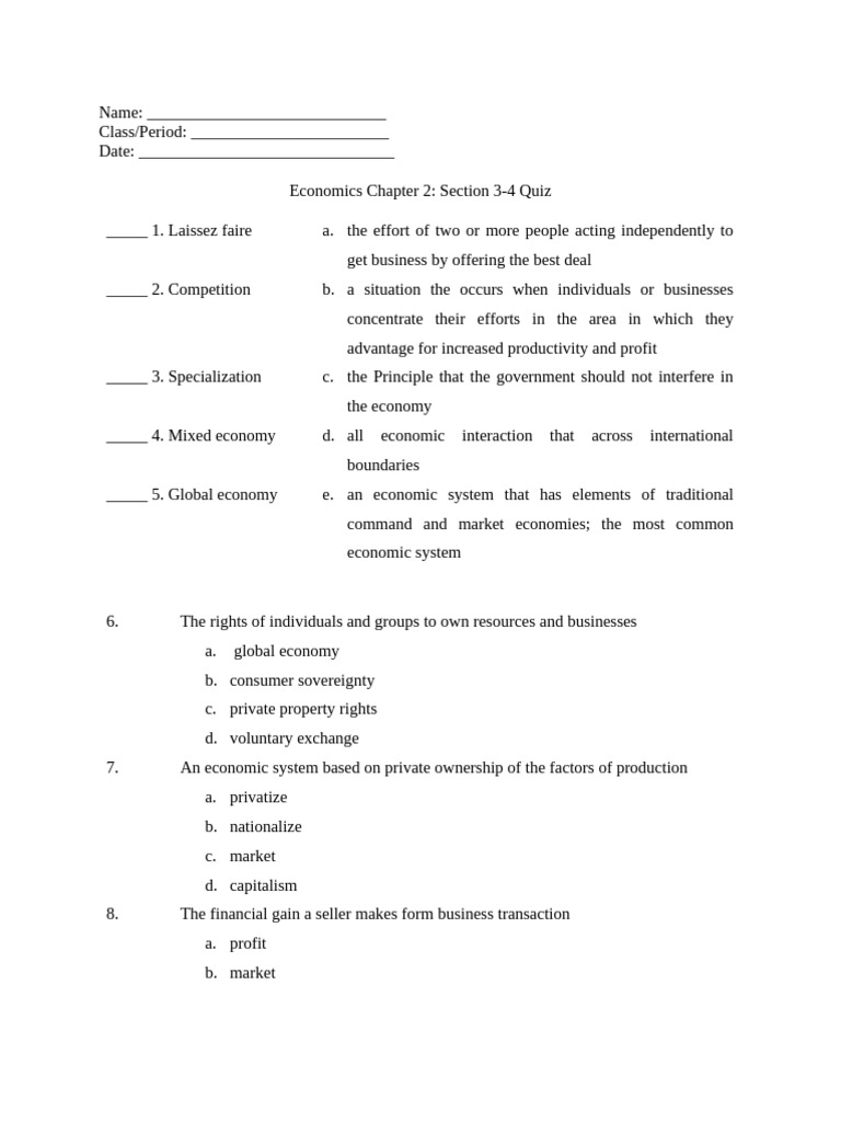 Econ Chapter2 Section 3-4 Quiz | PDF | Market (Economics) | Microeconomics