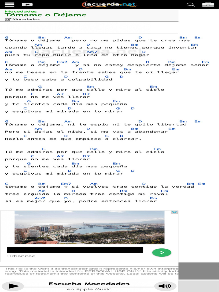 Letra y acordes de "Tómame o Déjame" | PDF