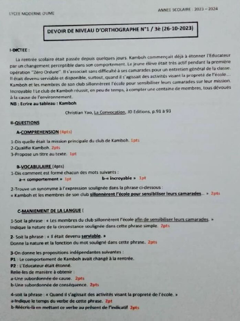 DEVOIR DE NIVEAU ORTHOGRAPHE 3e | PDF