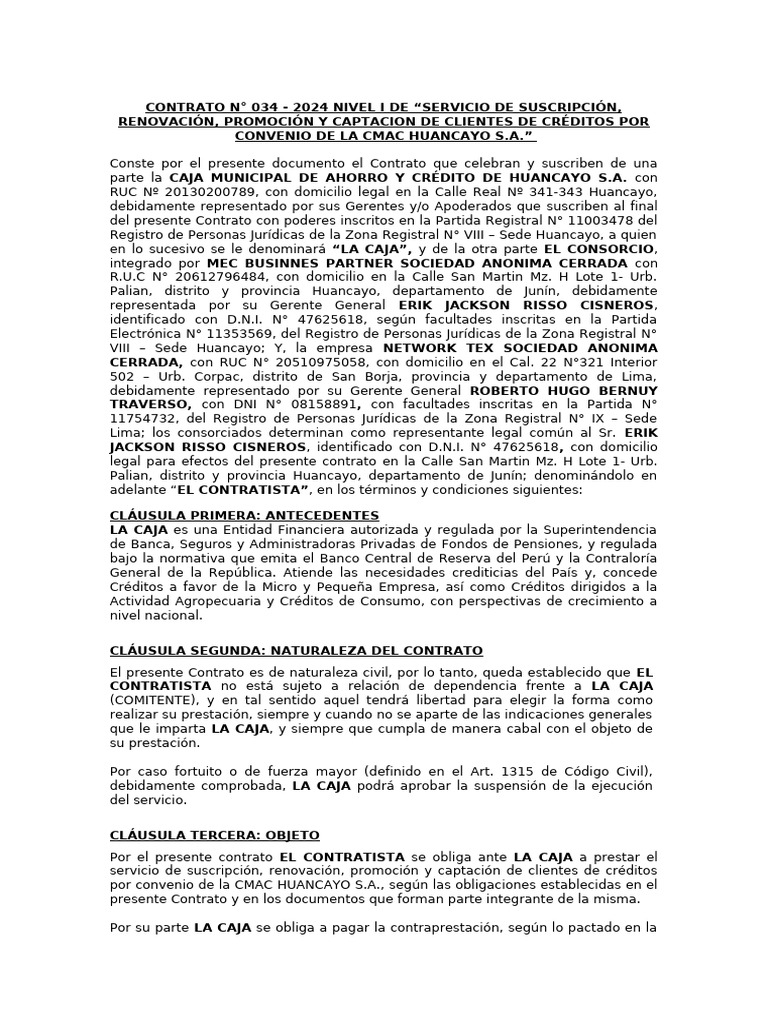 Contrato Preliminar Observaciones Proveedor CONTRATO N 034 - 2024 NIVEL I | PDF | Daños y ...