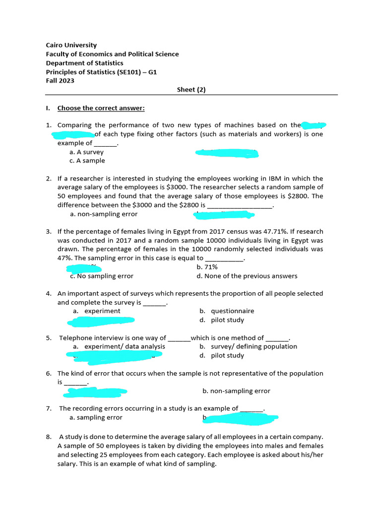 Principles of Statistics Example Sheet | PDF | Survey Methodology ...