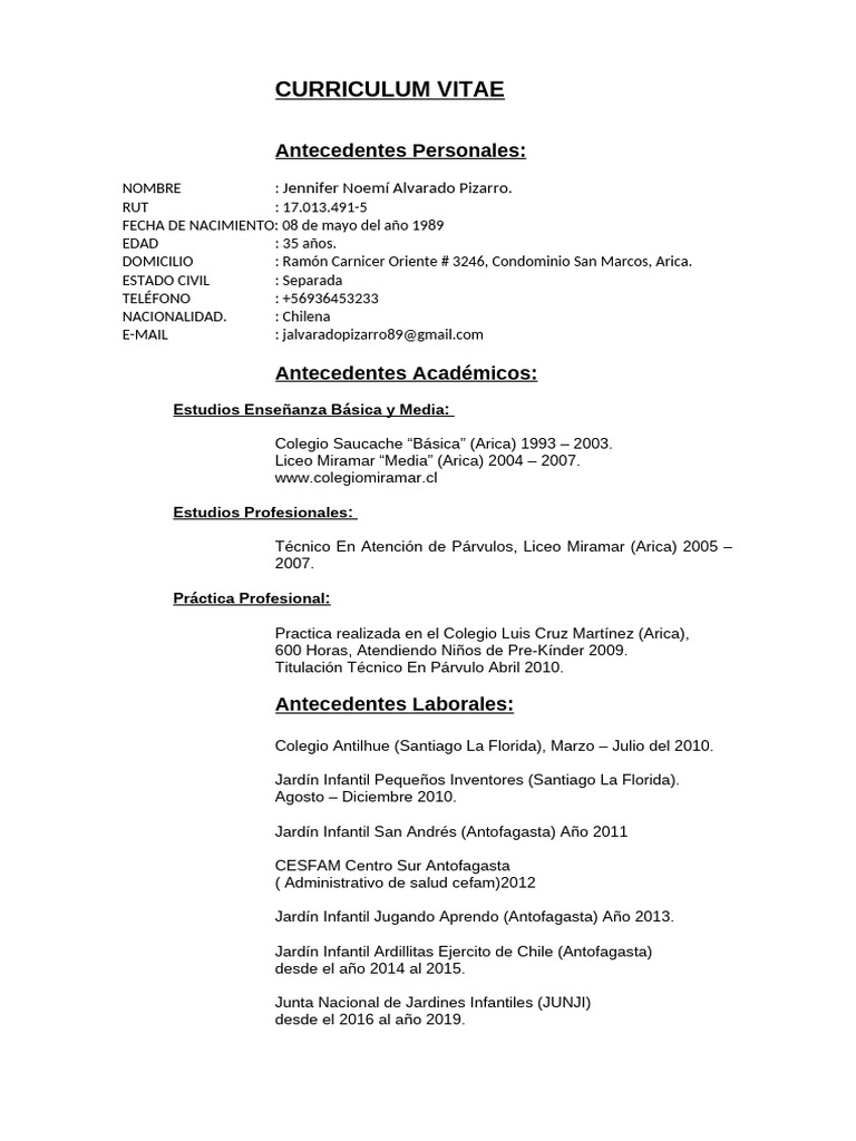 Actualizado Curriculum Jennifer Alvarado Pizarro 2024 | PDF | Educación de la primera infancia