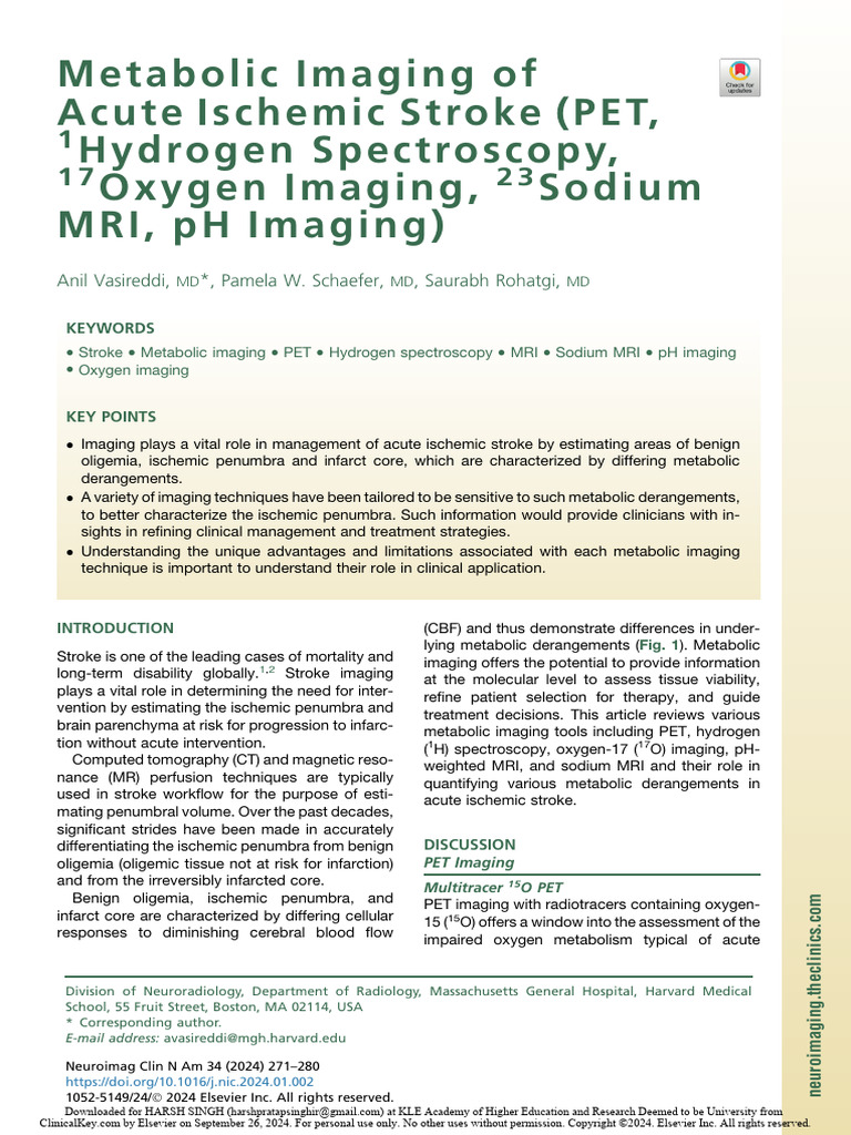 Metabolic Imaging of Acute Ischemic Stroke (PET, 1hydrogen Spectroscopy, 17oxygen Imaging ...