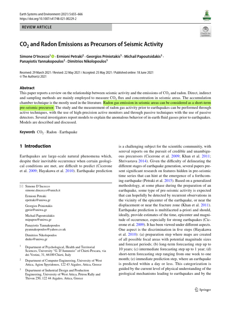 CO and Radon Emissions As Precursors of Seismic Activity | PDF | Earthquakes | Diffusion