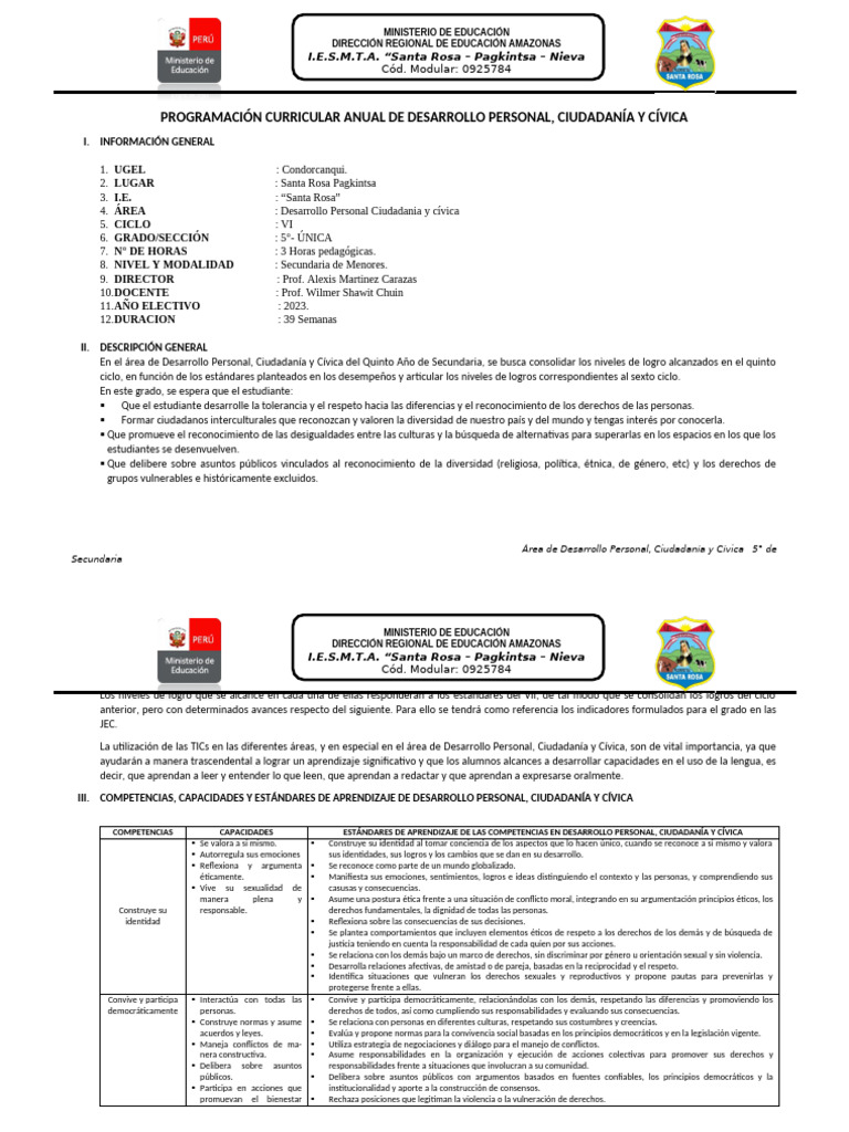 5to Programacion Anual D.P.C.C. | PDF | Enseñando | La sexualidad humana