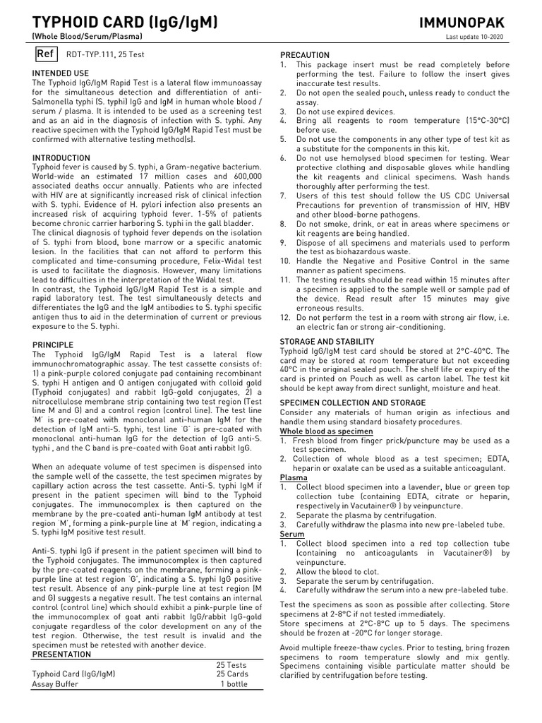 PMI094 TYPHOID CARD IgG IgM | PDF | Blood Plasma | Immunoglobulin G
