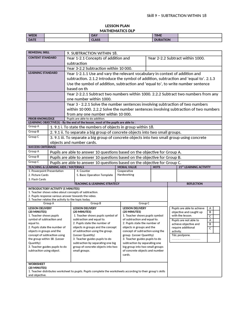 Lesson Plan Skill 9 - SUBTRACTION WITHIN 18 | PDF | Lesson Plan | Educational Assessment