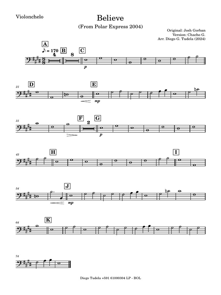Believe - (Polar Express) - Josh Gorban-Violonchelo | PDF