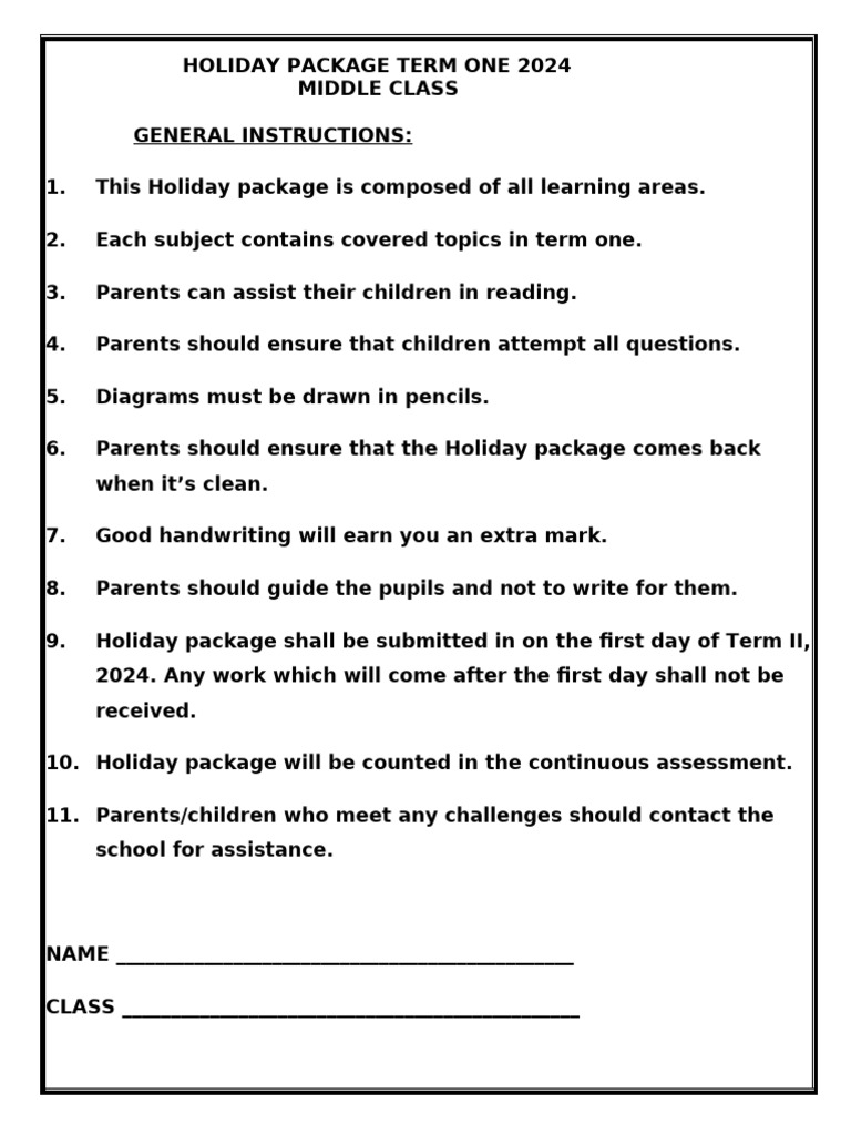 Middle Class Holiday Package Term 1 | PDF