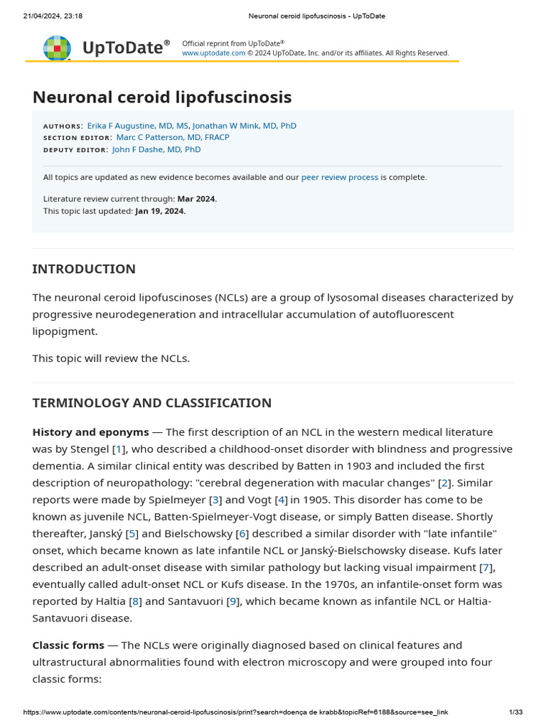 Neuronal Ceroid Lipofuscinosis - UpToDate | PDF | Epilepsy | Nervous System