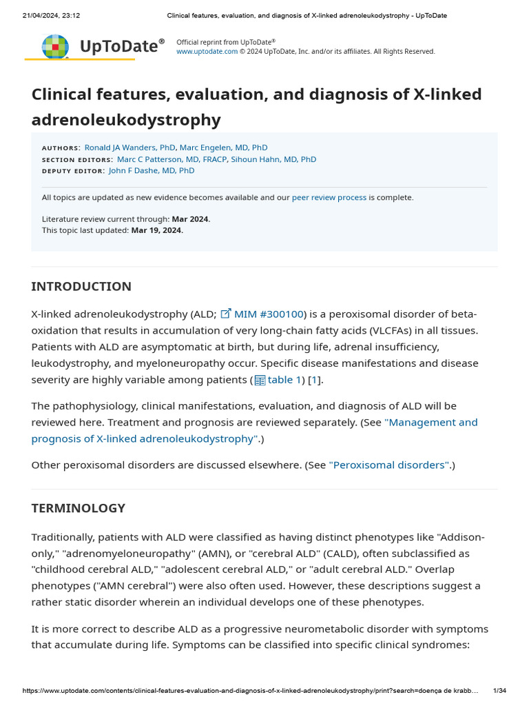Clinical Features, Evaluation, and Diagnosis of X-Linked Adrenoleukodystrophy - UpToDate | PDF ...