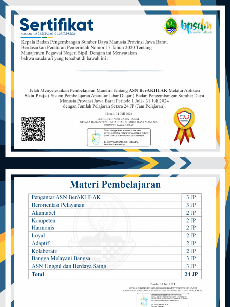 Sertifikat Pelatihan ASN Berakhlak 2024 | PDF