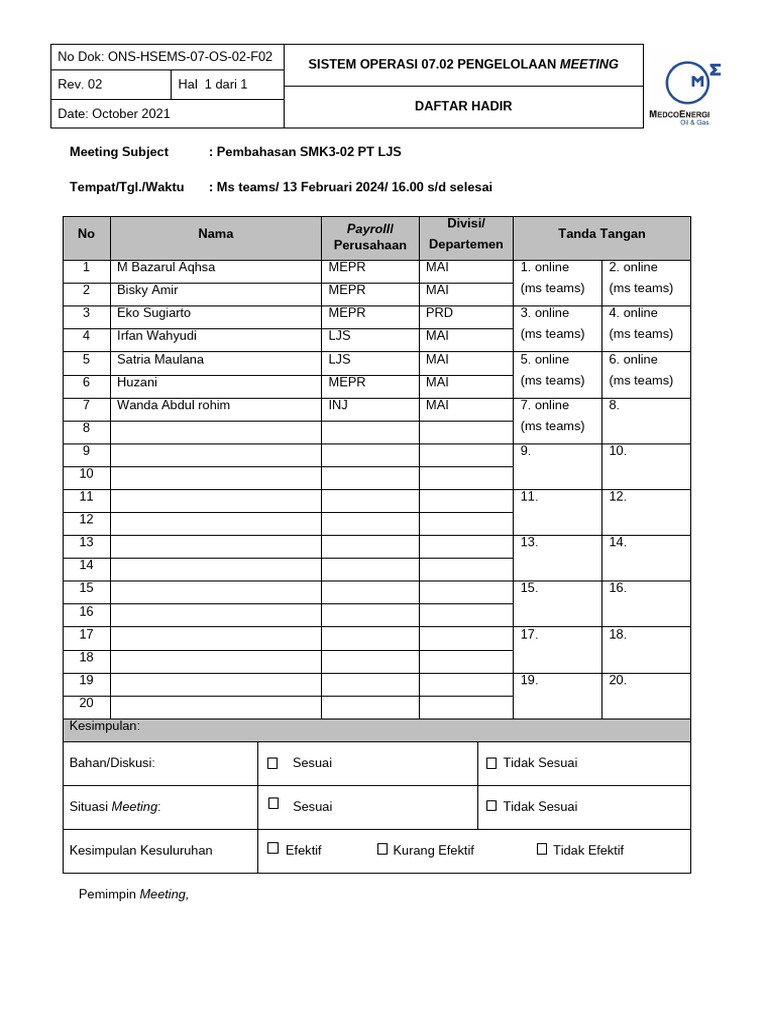 01.formulir Daftar Hadir Rev Oct 2021 (Meeting) | PDF