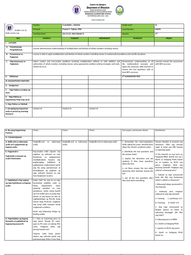 Q2 W5 DLL Math 3 | PDF