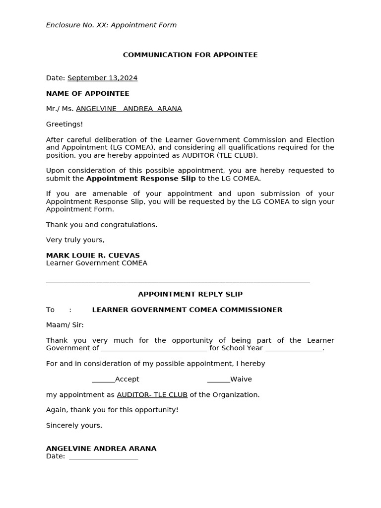 Enc.18 - Communication For Appointee and Appointment Reply Slip AUDITOR ...