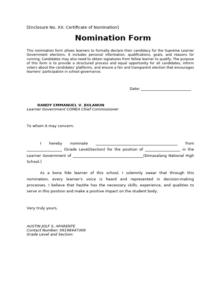 Enc.15 - Nomination Form Final | PDF | Career & Growth