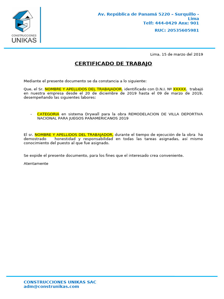 MODELO CERTIFICADO DE TRABAJO | PDF