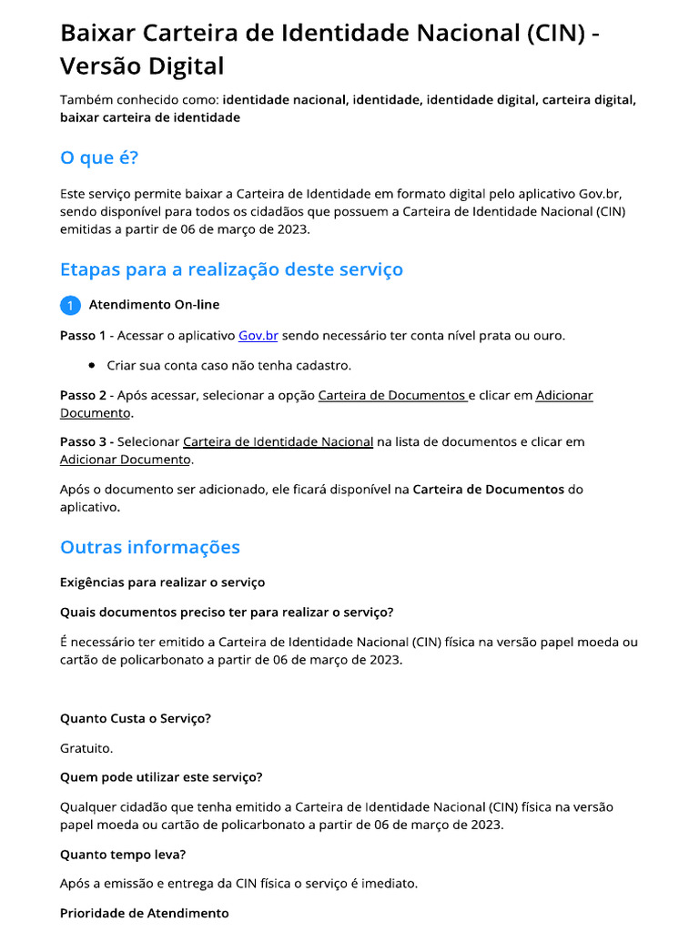 Baixar Carteira de Identidade Nacional (Cin) Versao Digital | PDF