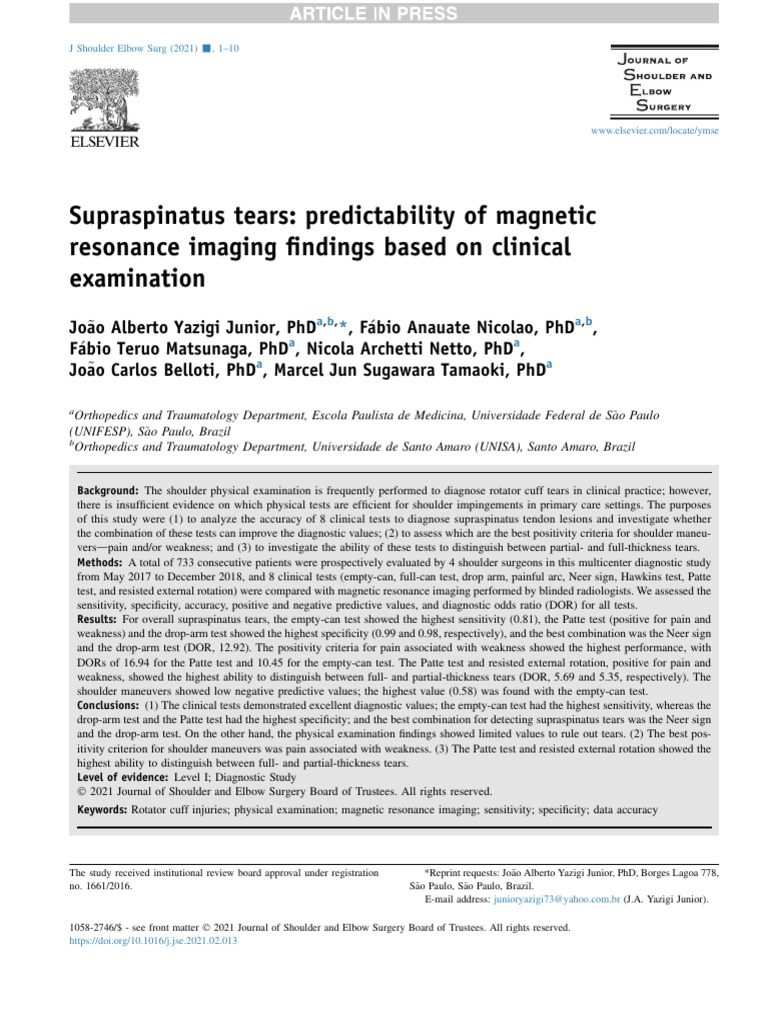 Supraspinatus Tears Predictability of Magnetic | PDF | Shoulder ...