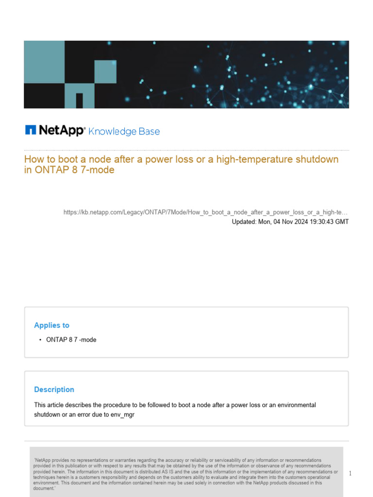 How to boot a node after a power loss or a high-temperature shutdown in ONTAP 8 7-mode | PDF ...
